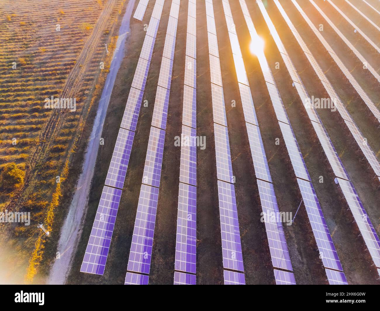 Aerial top view of a solar panels power plant. Photovoltaic solar ...