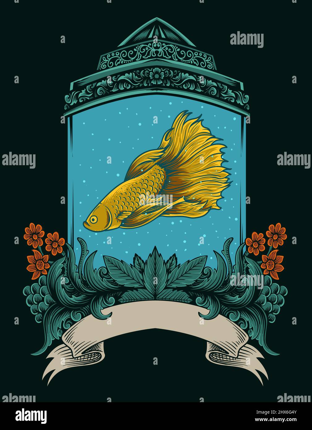 illustration vector betta fish with antique aquarium ornament Stock ...