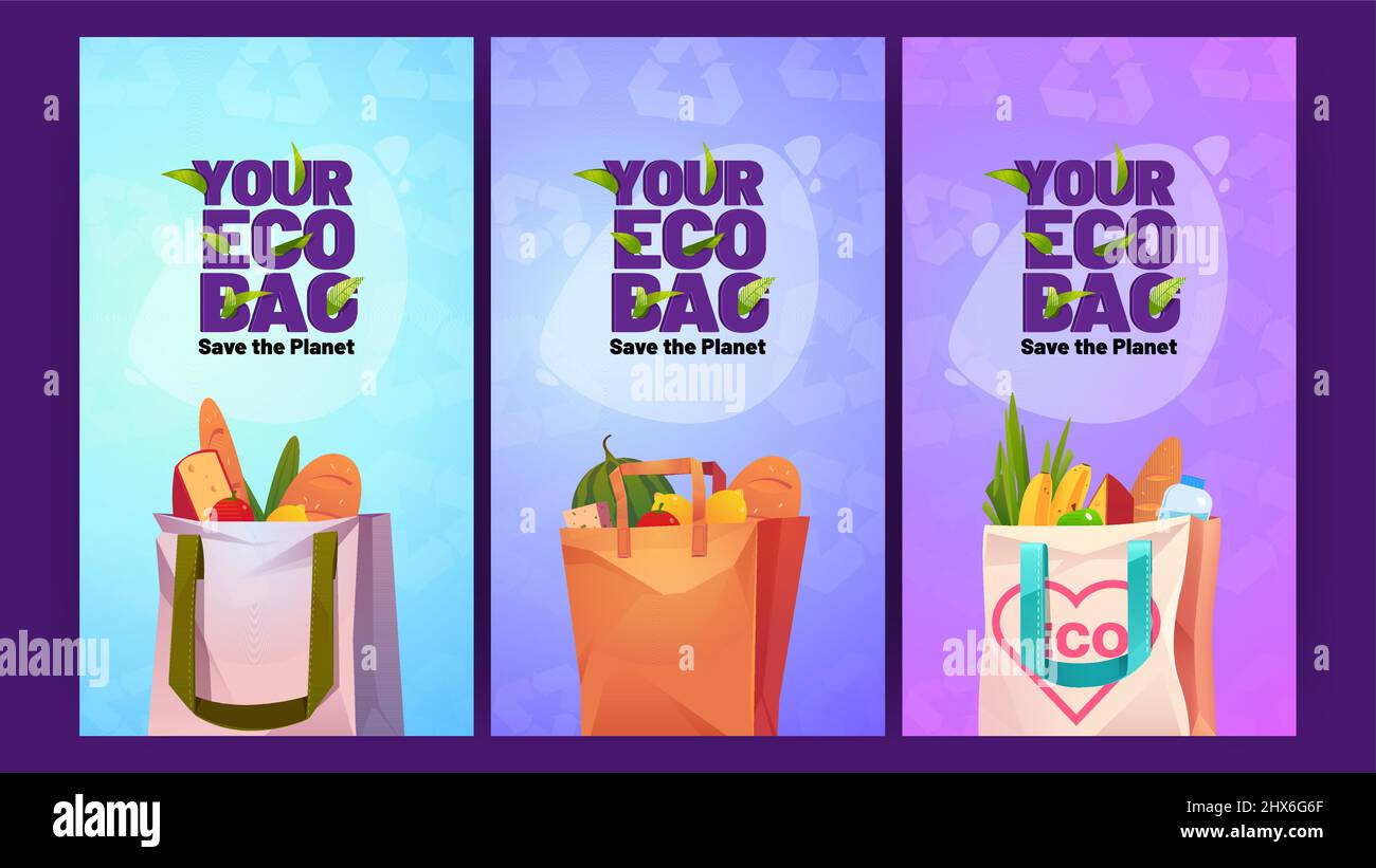 Eco bag save planet concept. Posters with cotton and paper shopping ...