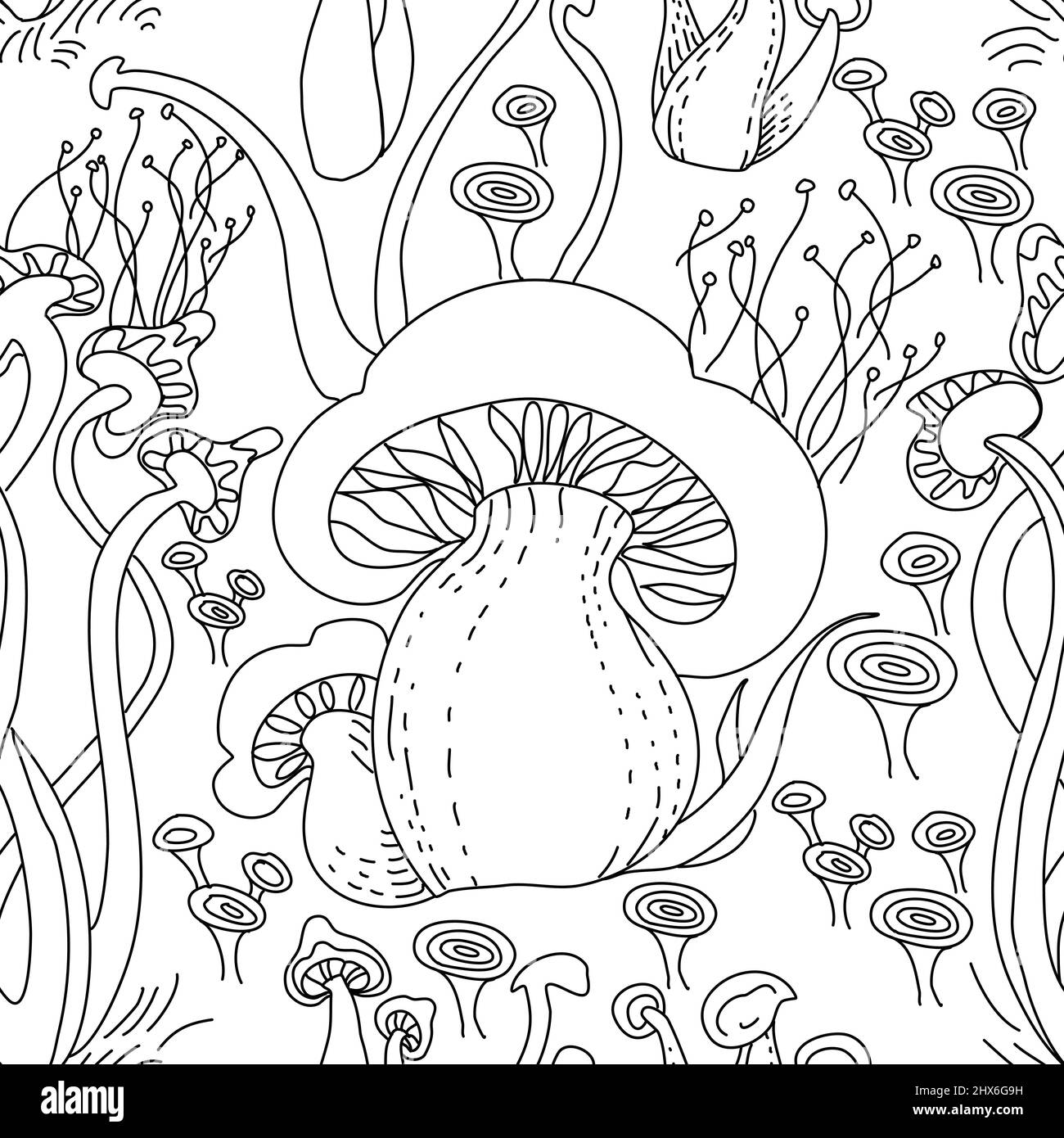 Freehand drawn line magic mushrooms seamless pattern Stock Vector Image ...
