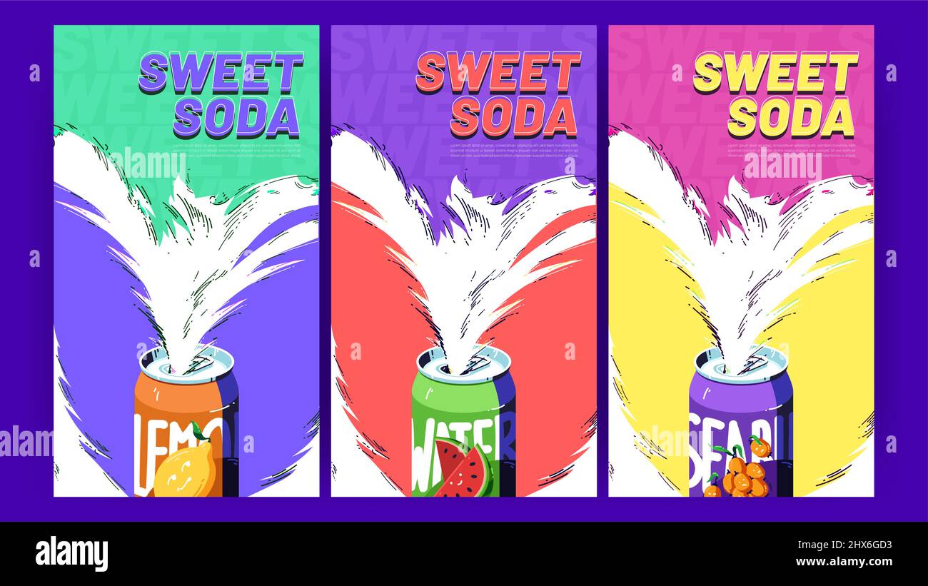 Soda ads posters with sweet drink splashing out of tin cans. Cold fresh ...
