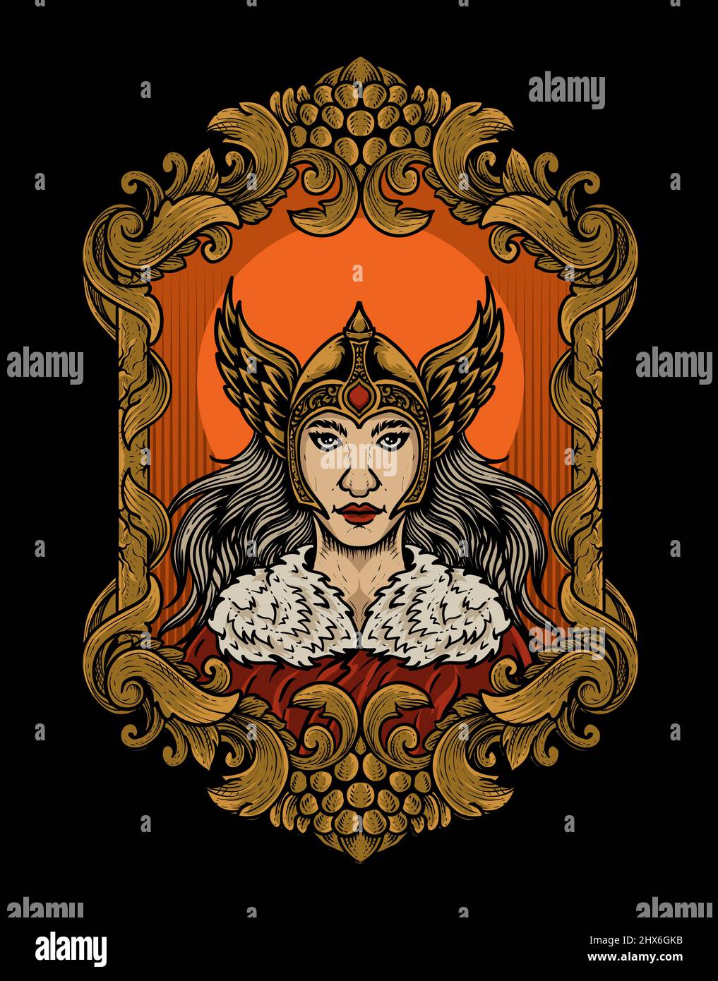 illustration valkyrie goddess with ornament frame Stock Vector Image ...