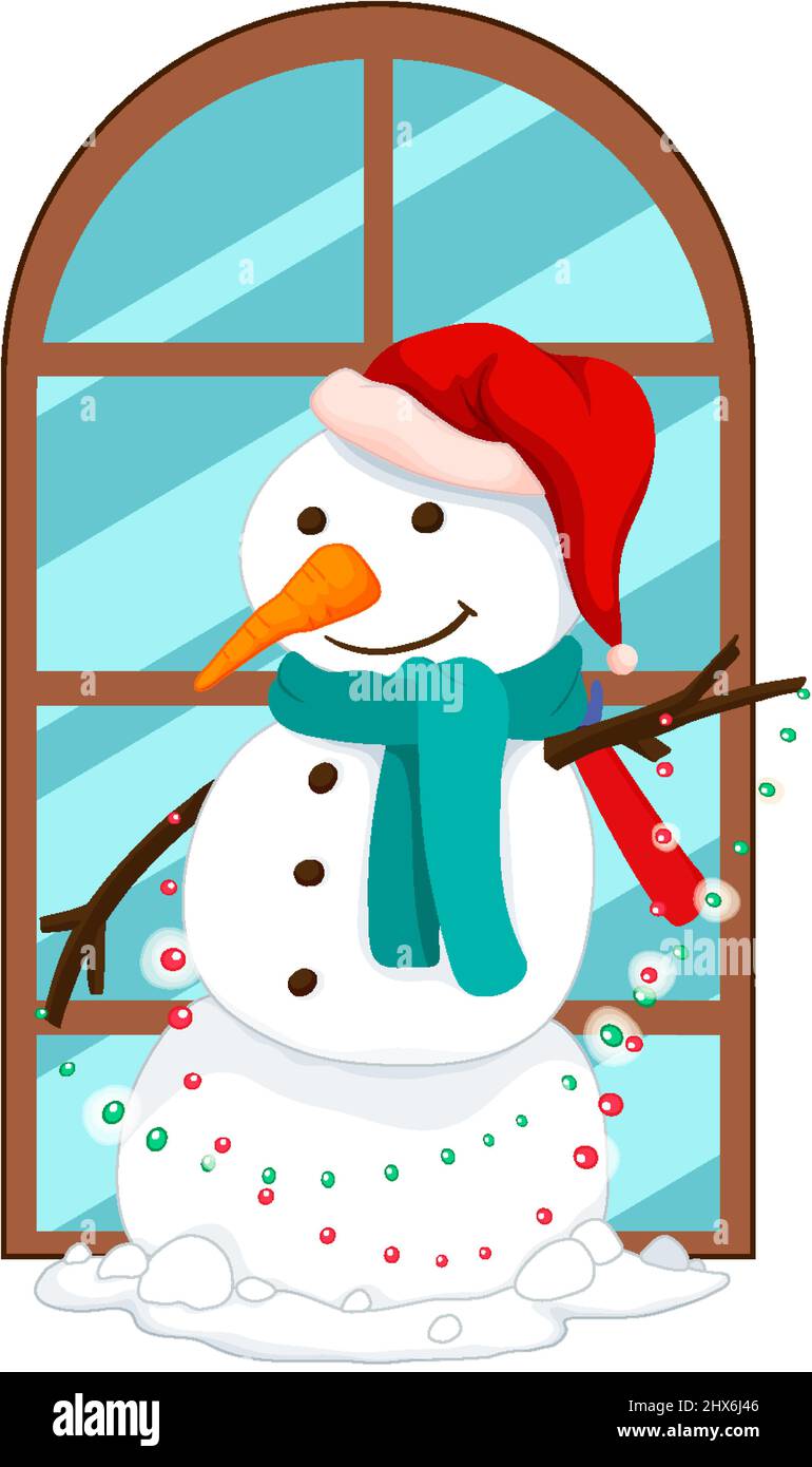 Snowman with christmas lights by the window illustration Stock Vector ...
