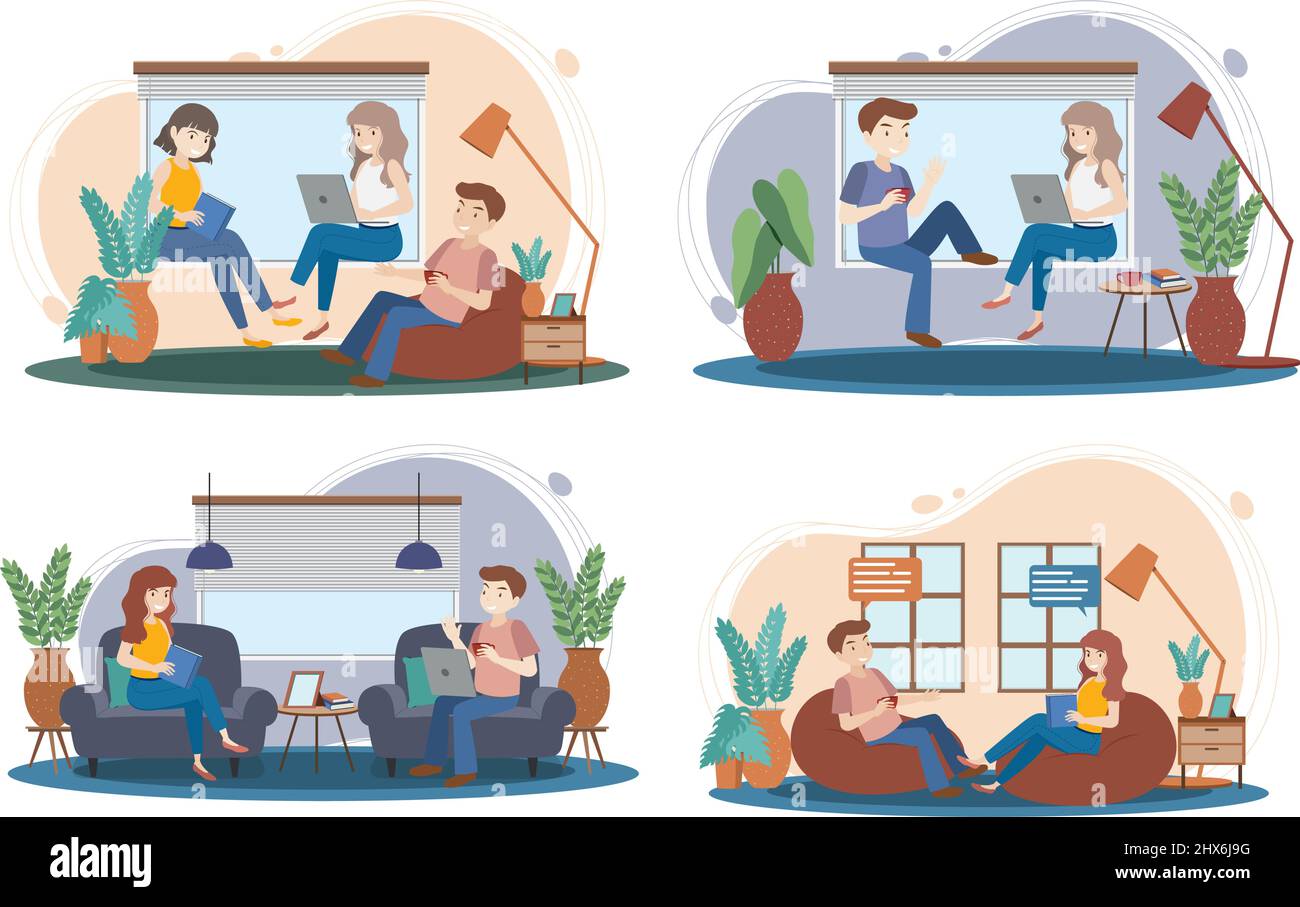 Four scenes of people working at home illustration Stock Vector Image ...