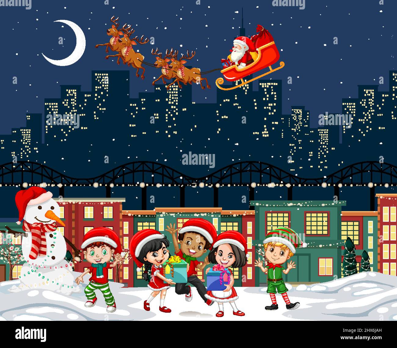 Christmas winter scene with happy children illustration Stock Vector ...