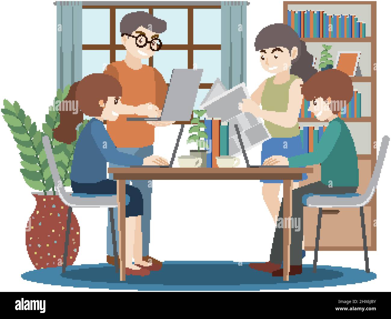 Teamwork working using laptop flat design illustration Stock Vector ...
