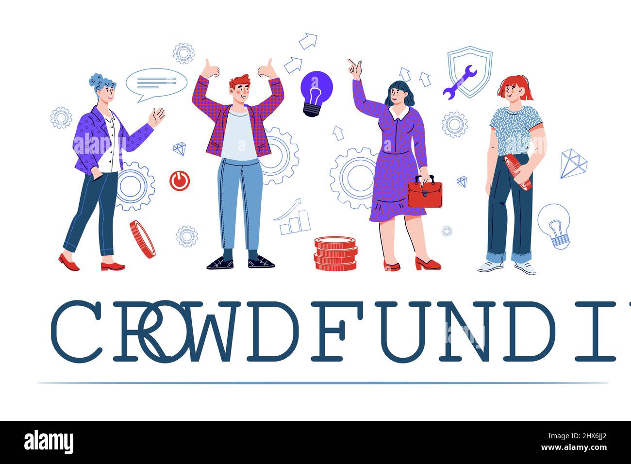 Crowdfunding banner with big word and people, cartoon vector ...