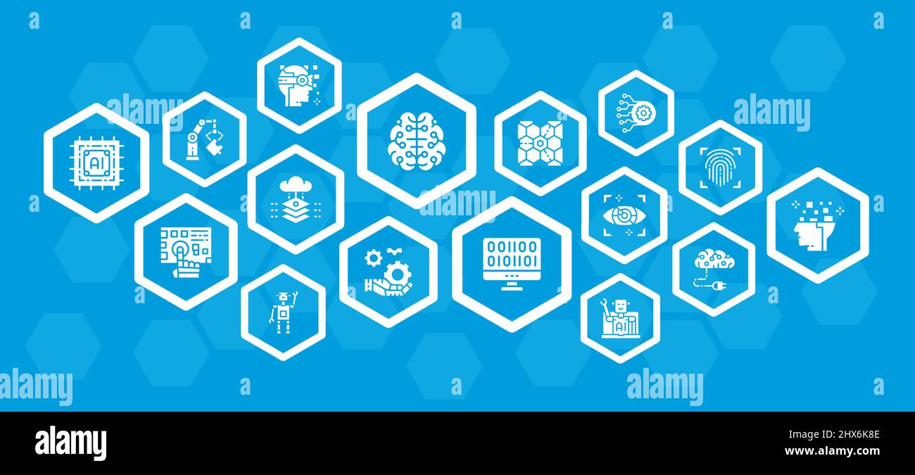Artificial Intelligence infographic design template with white icons. Robotics, Chatbot ...
