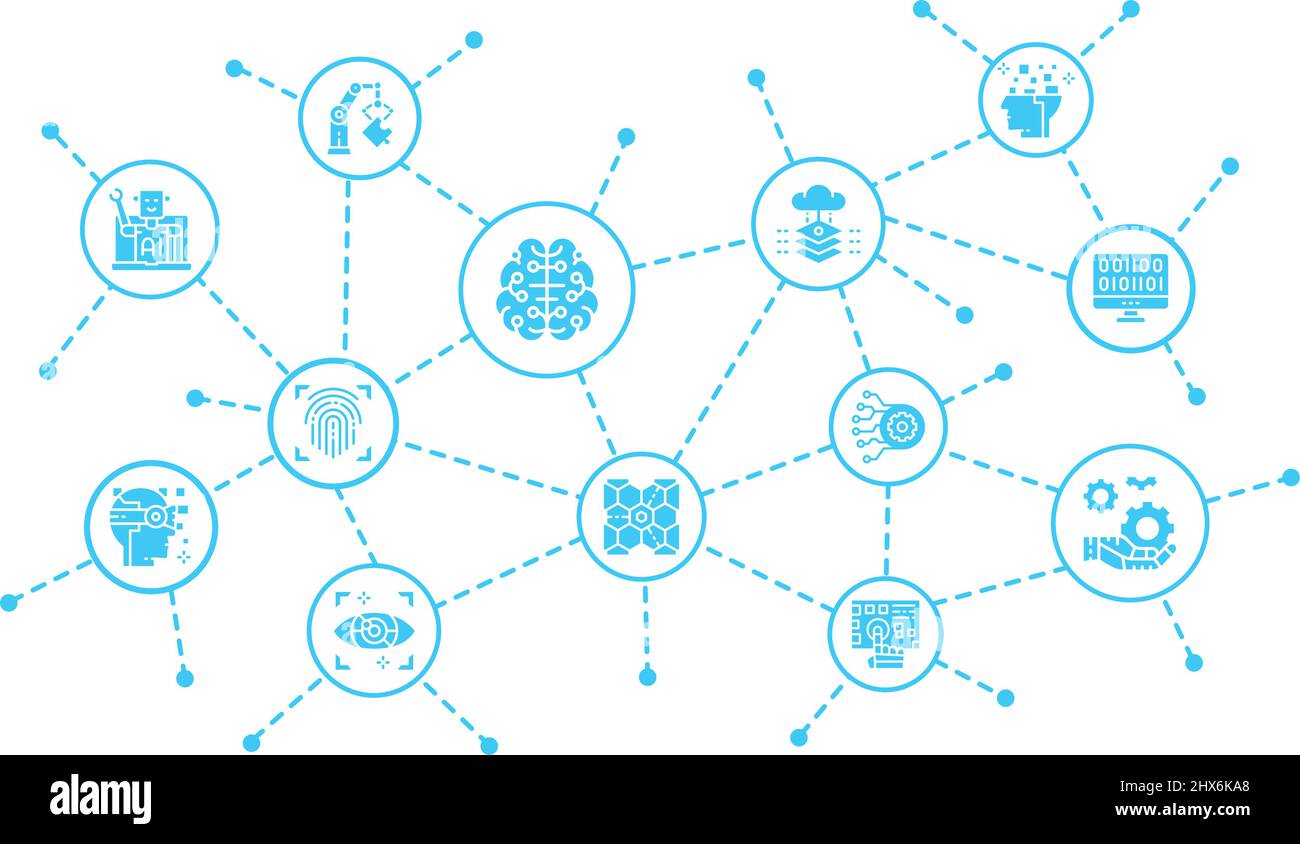 Artificial Intelligence business infographic with thin line icons. Robotics, Chatbot, Database ...