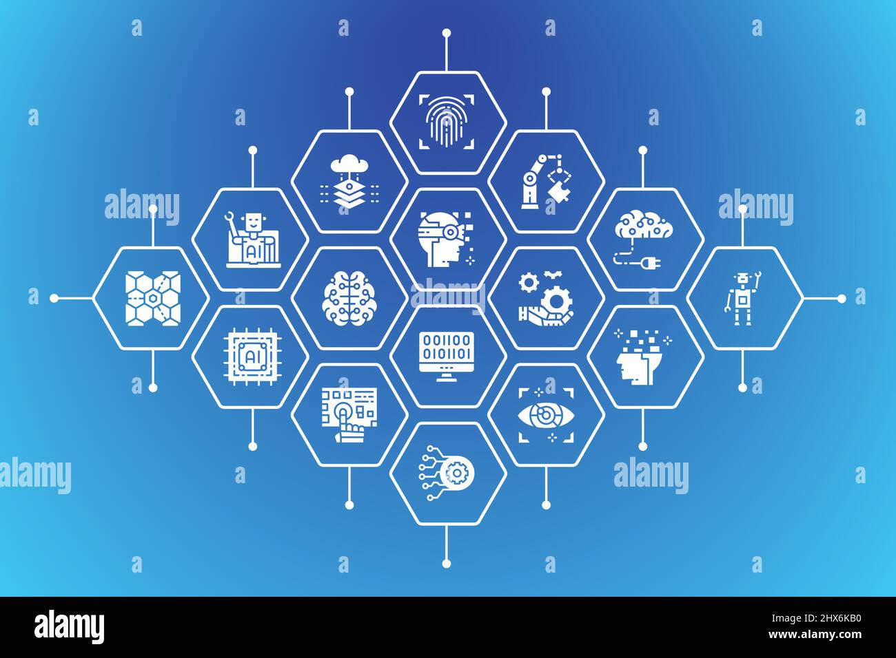 Artificial Intelligence business icons banner. Robotics, Chatbot, Database, Big Data background ...