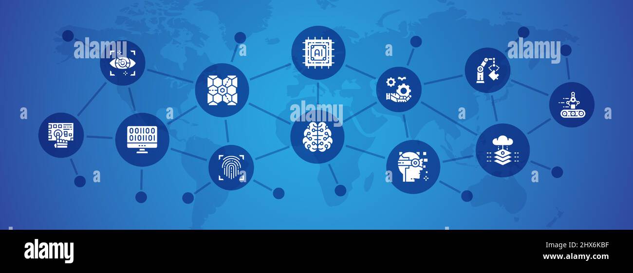 Artificial Intelligence web page icons banner. Robotics, Chatbot, Database, Big Data ...