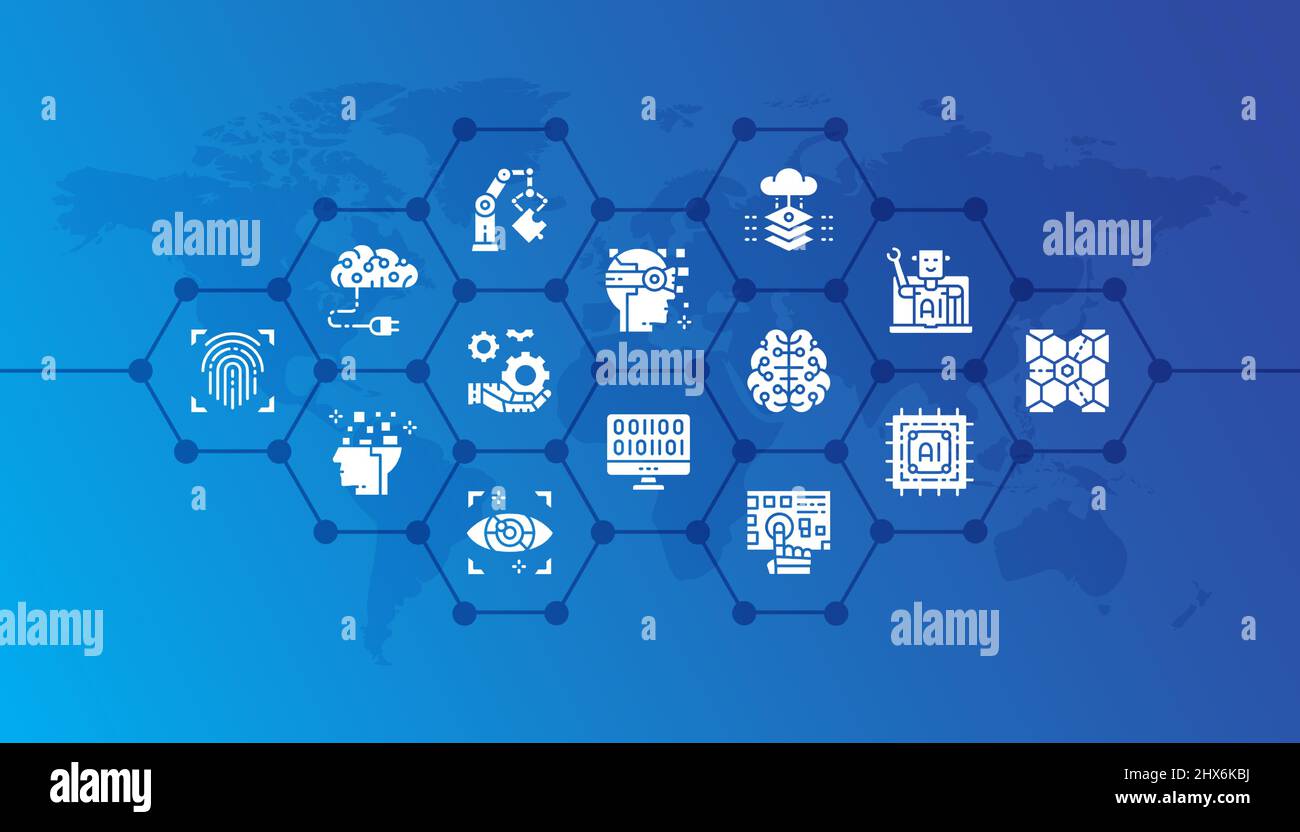 Artificial Intelligence flat design concept illustration. Robotics, Chatbot, Database, Big Data ...