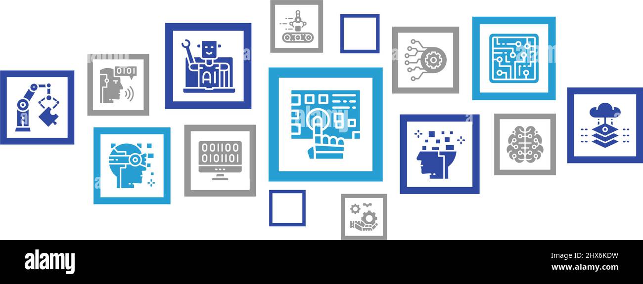Artificial Intelligence icons infographic banner. Robotics, Chatbot, Database, Big Data ...