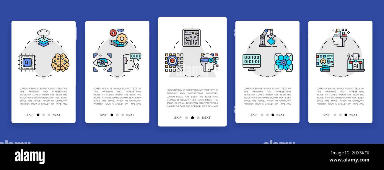 Set of Artificial Intelligence mobile app screens. Robotics, Chatbot, Database, Big Data ...