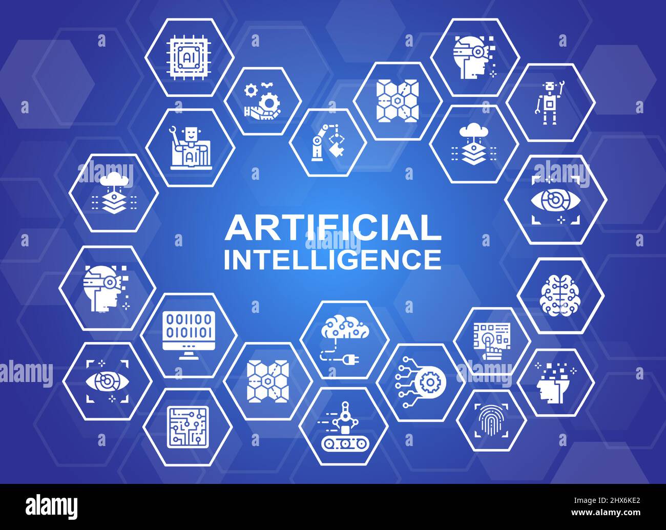 Artificial Intelligence promotion icons banner with text. Robotics, Chatbot, Database, Big Data ...