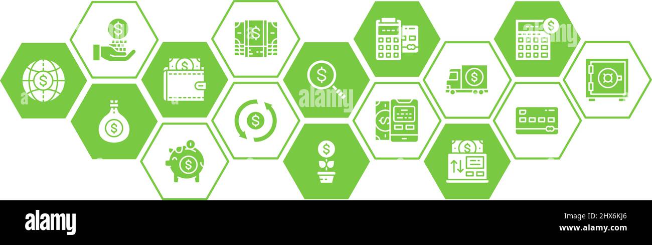 Money and Banking flat banner with line icons. Credit Card, Currency ...