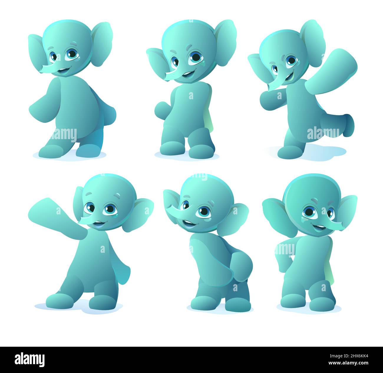 Set of Little elephant. Cartoon person stands and smiles. Fun style ...