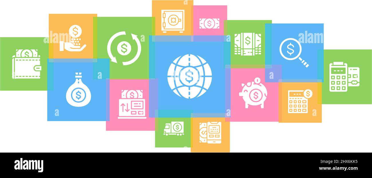 Money and Banking line icons banner. Credit Card, Currency Exchange ...