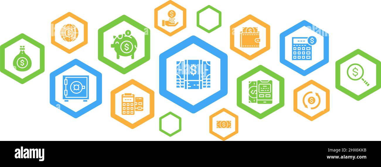 Money and Banking color icon banner design. Credit Card, Currency ...