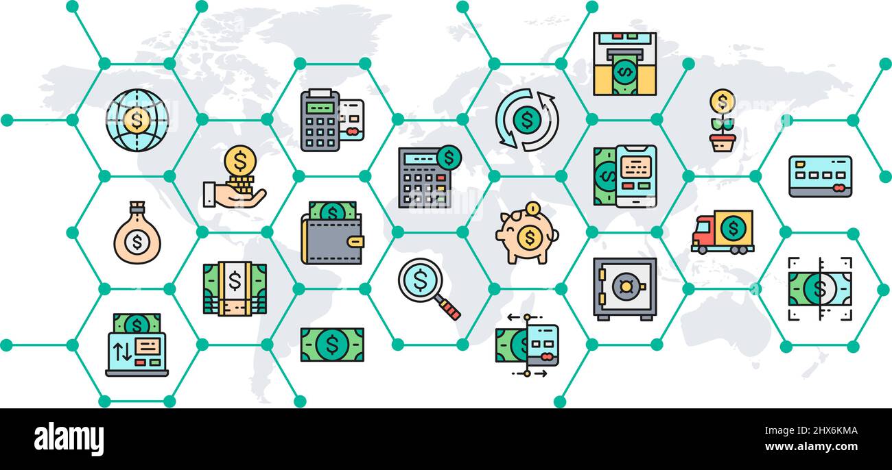 Money and Banking presentation banner with colored icons. Credit Card ...