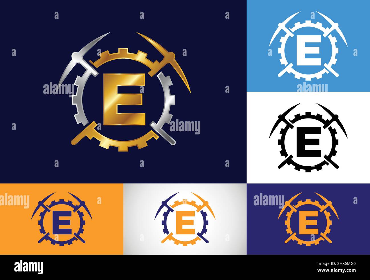 Initial monogram letter alphabet with pickaxe and gear sign. Mining logo design concept. Modern ...
