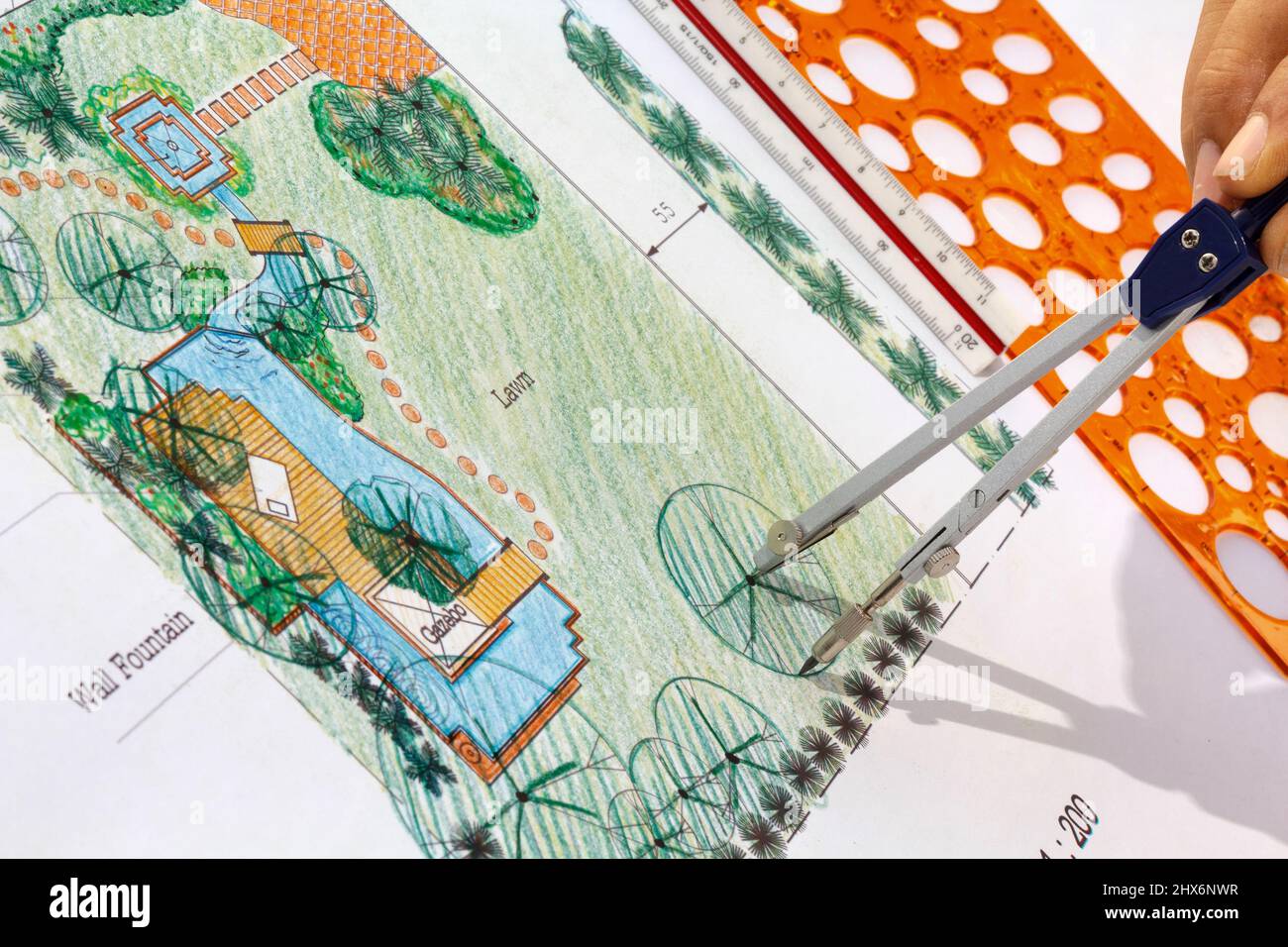 Landscape Architect design water garden plans for backyard Stock Photo ...