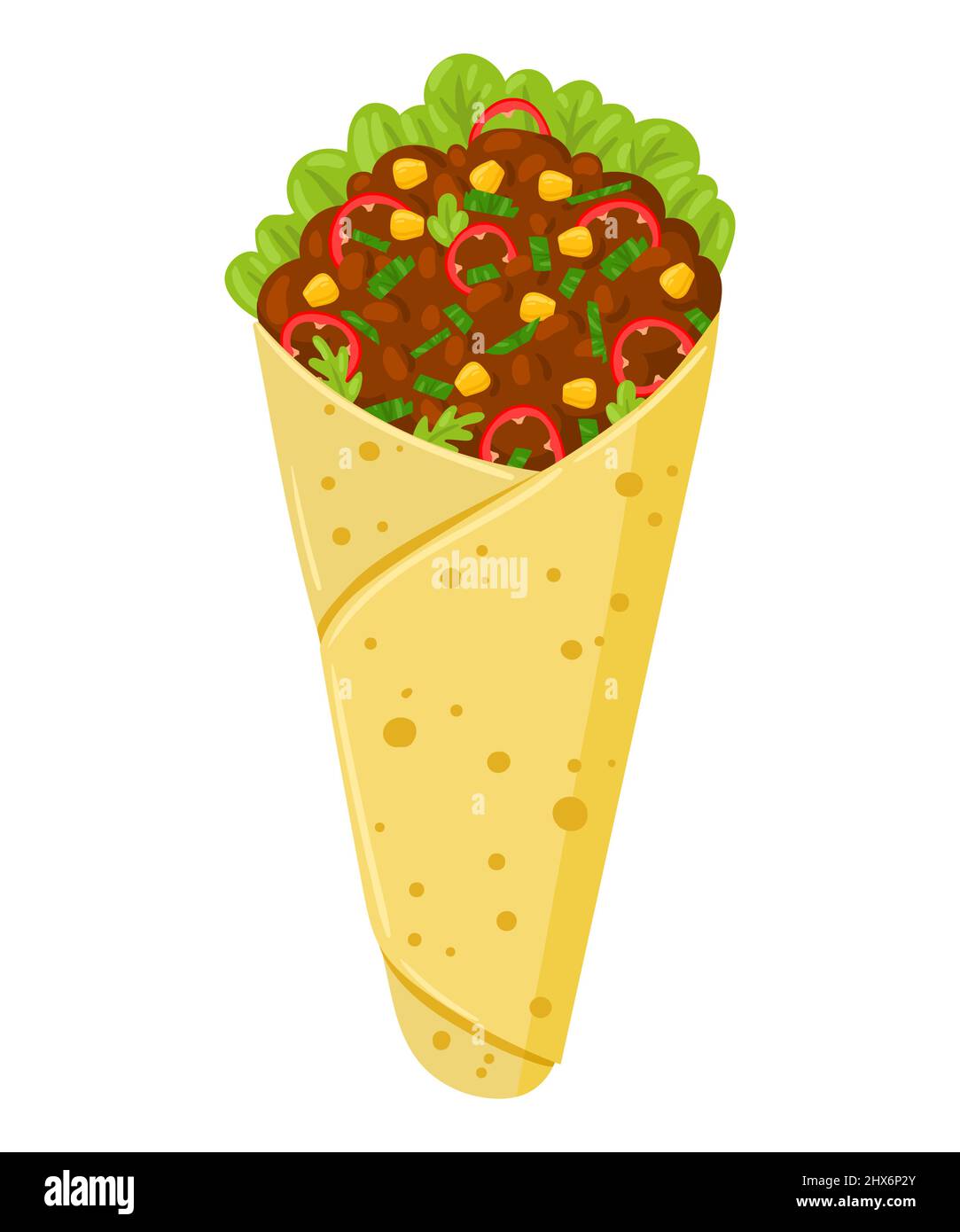 Cartoon Burrito with meat and vegetables. Mexican traditional food ...