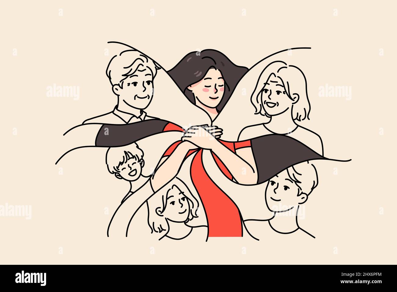 Calm happy young woman keep family in heart. Smiling grateful girl feel ...