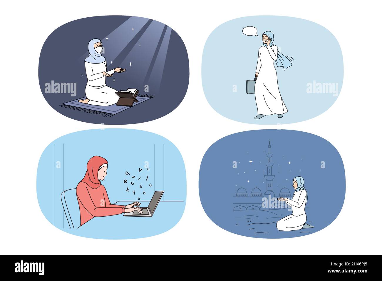 Set of Arabian woman in traditional clothes in daily life. Collection ...