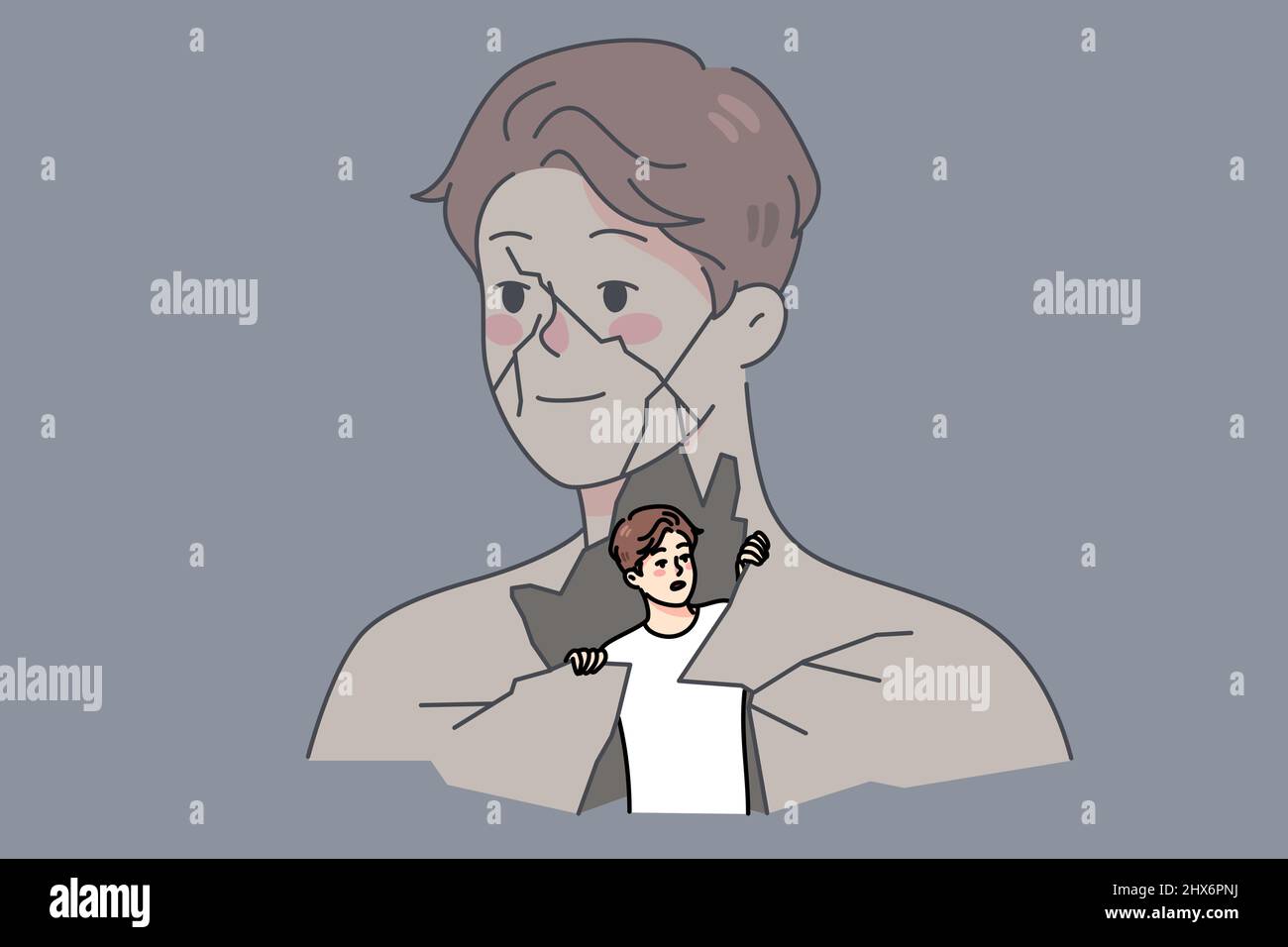 Anxious man feel nervous showing or releasing himself to world. Unhappy ...