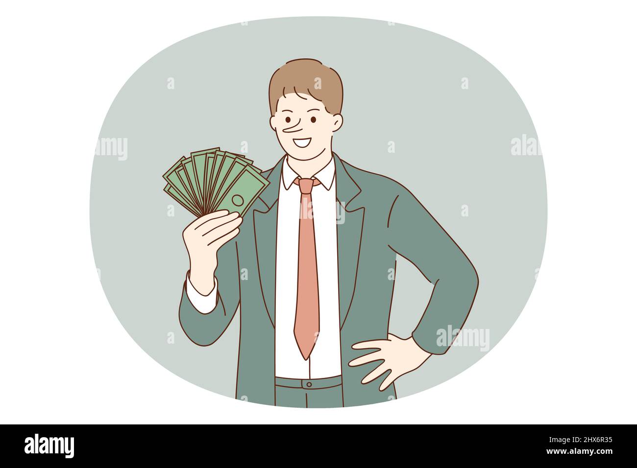 Fraud and taking bribes concept. Smiling cheerful man in suit standing ...