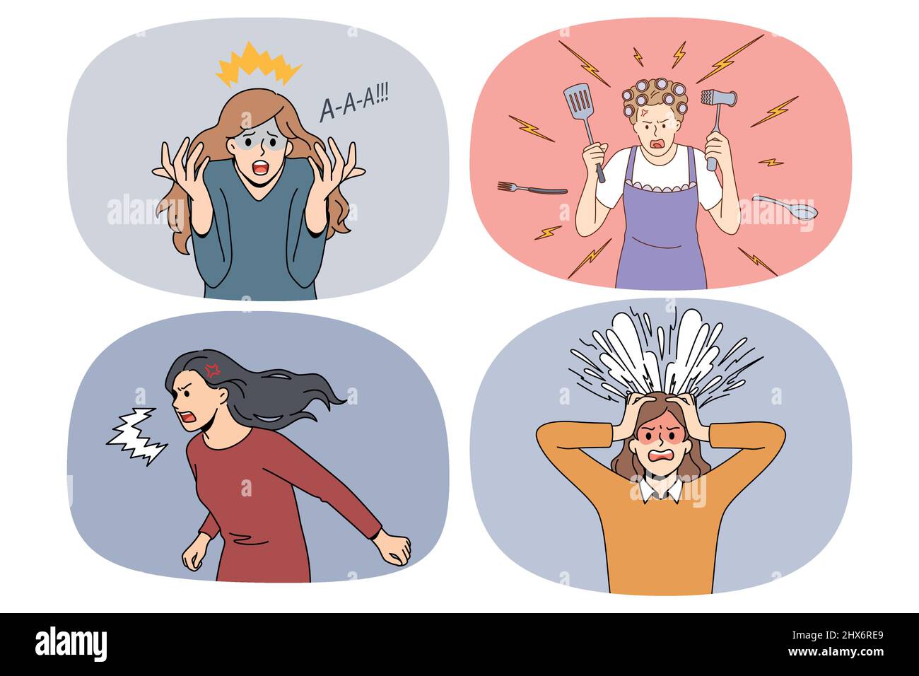 Set of furious women yell and scream in different life situations ...