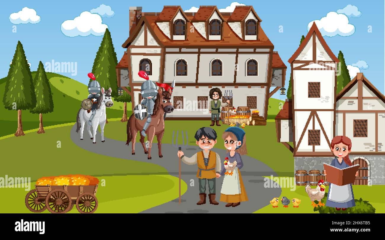Medieval town scene with villagers illustration Stock Vector Image ...