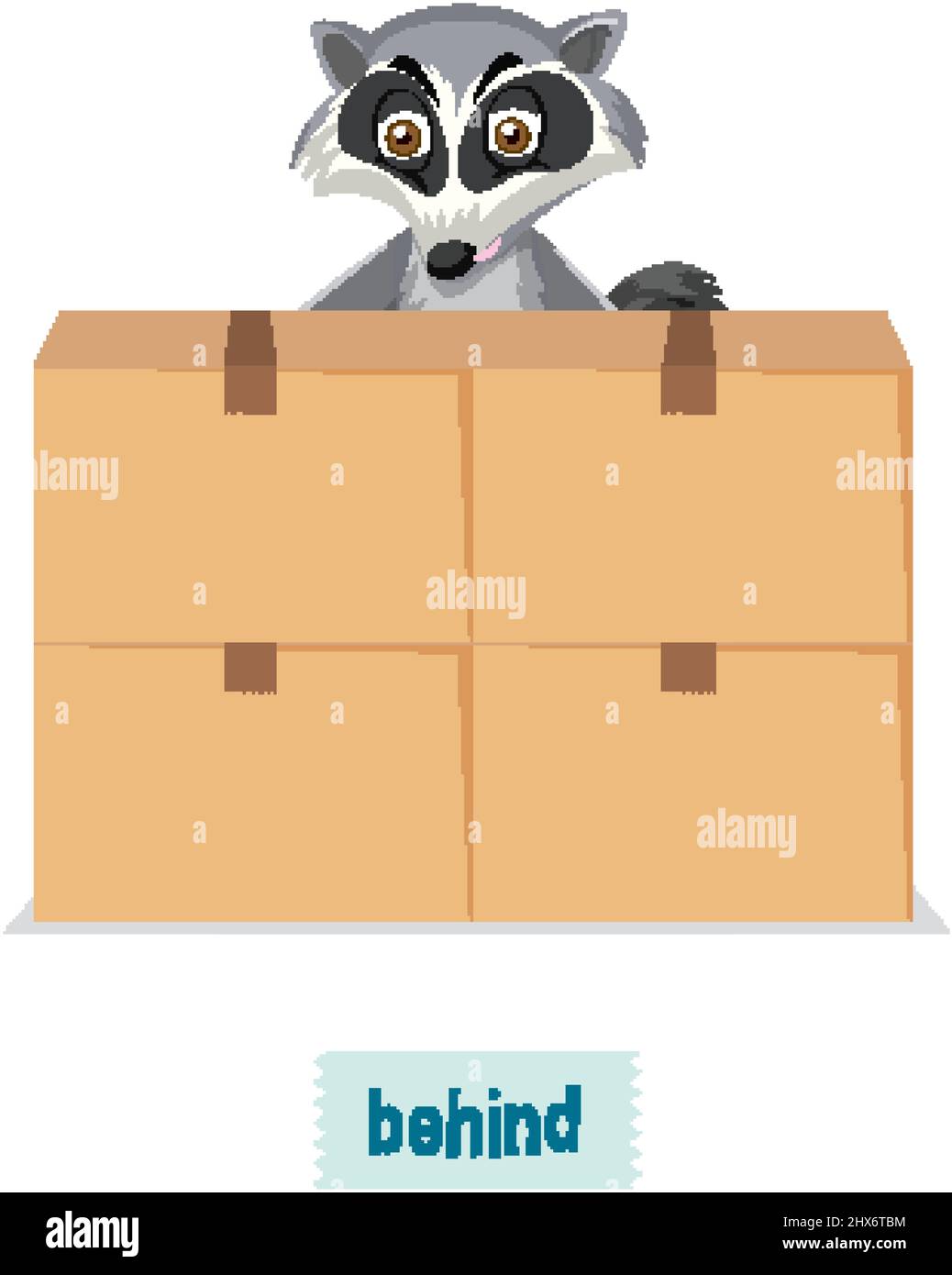 English prepositions, raccoons behide the boxes illustration Stock ...