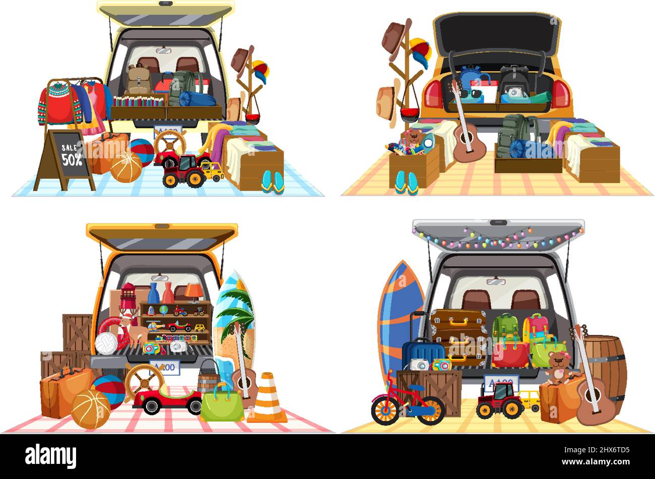 Flea market concept with set of different car boot sales illustration ...