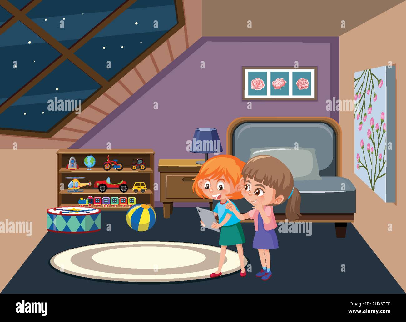 Garret room scene with two girls in cartoon style illustration Stock ...
