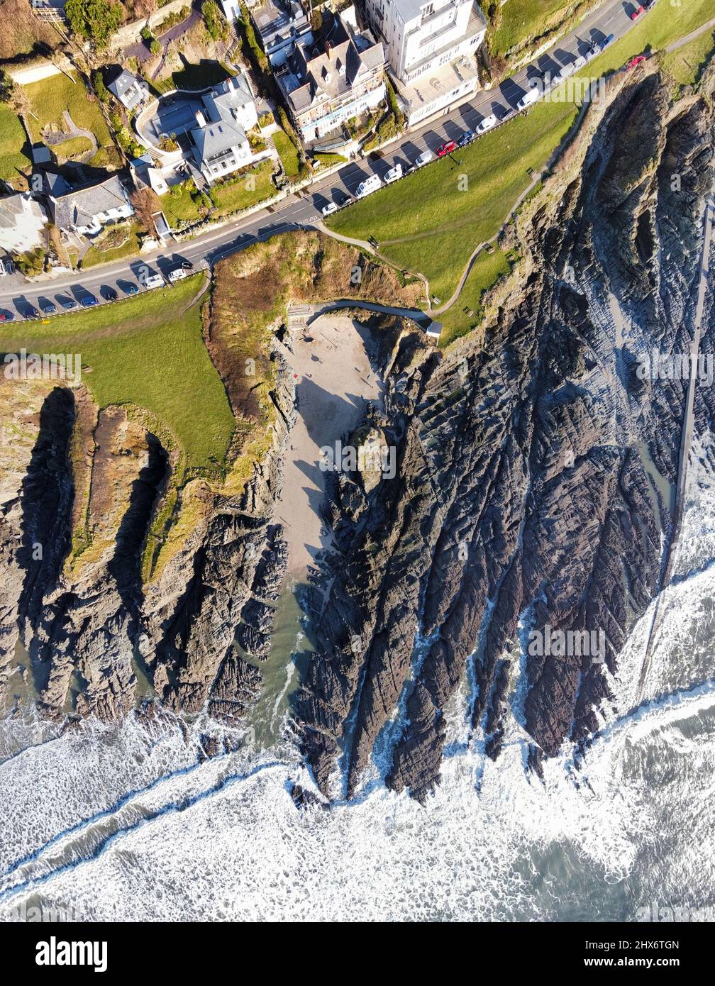 Drone view of the Esplanade and Barricane Beach - Woolacombe, Devon, UK ...