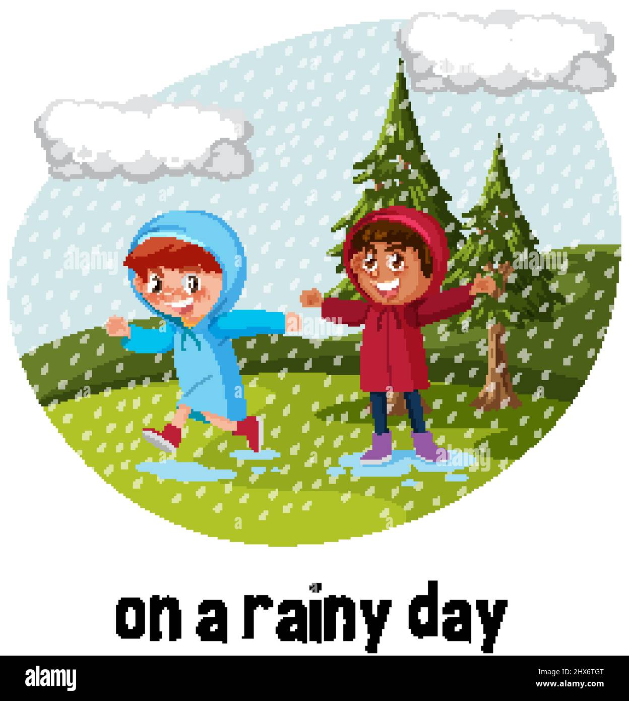 English prepositions of time with raining scene illustration Stock ...
