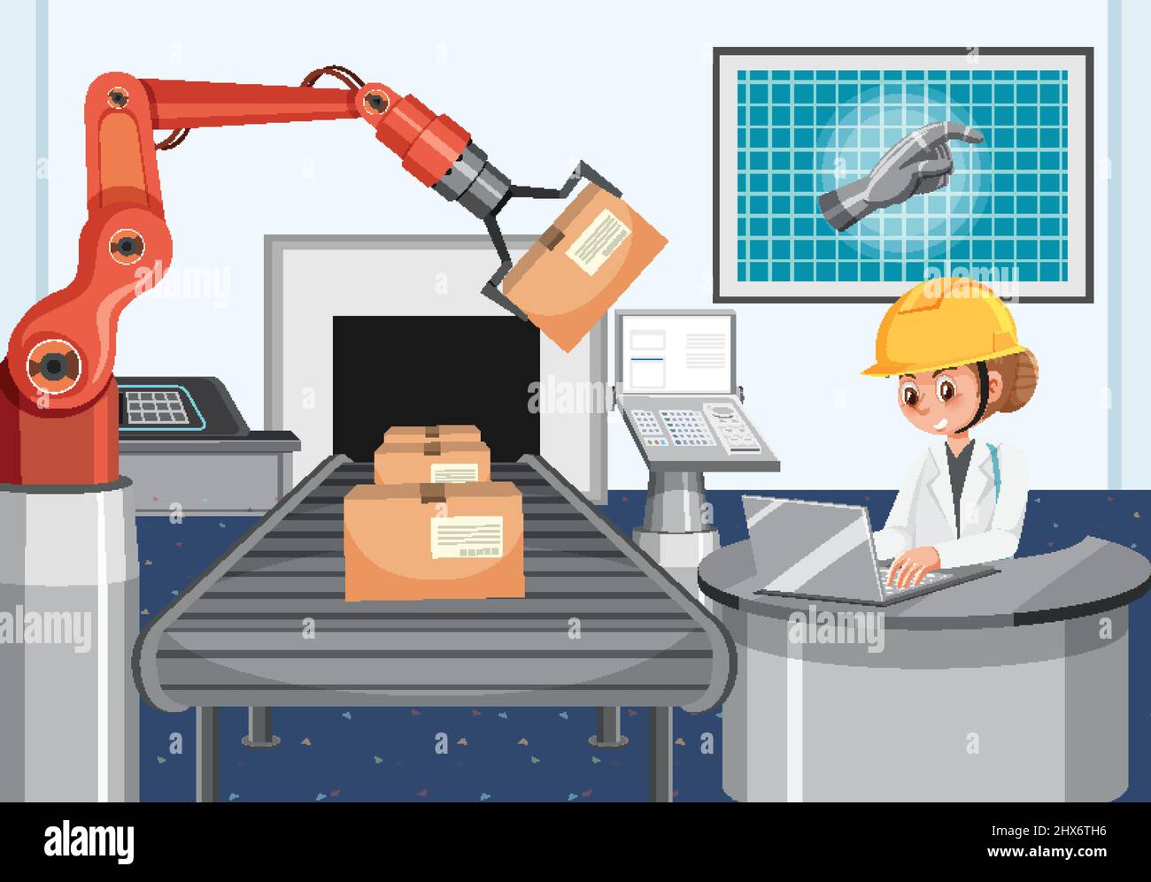 Automation industry concept with assembly line robots illustration ...