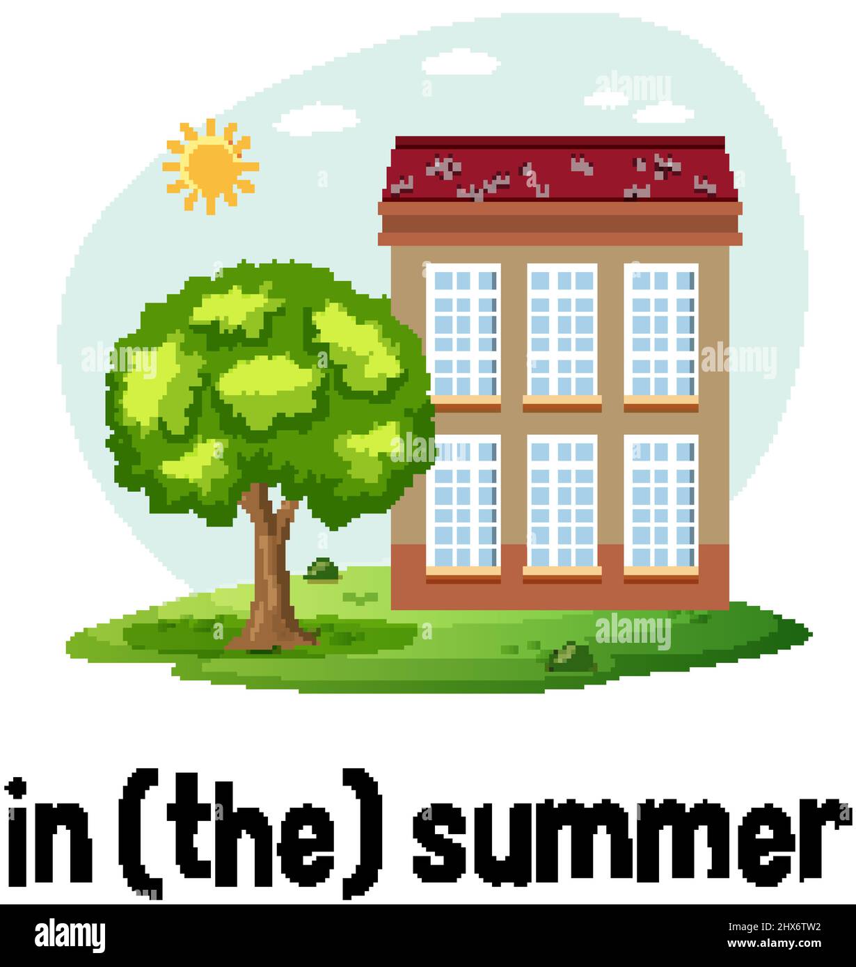 English prepositions of time with summer scene illustration Stock ...