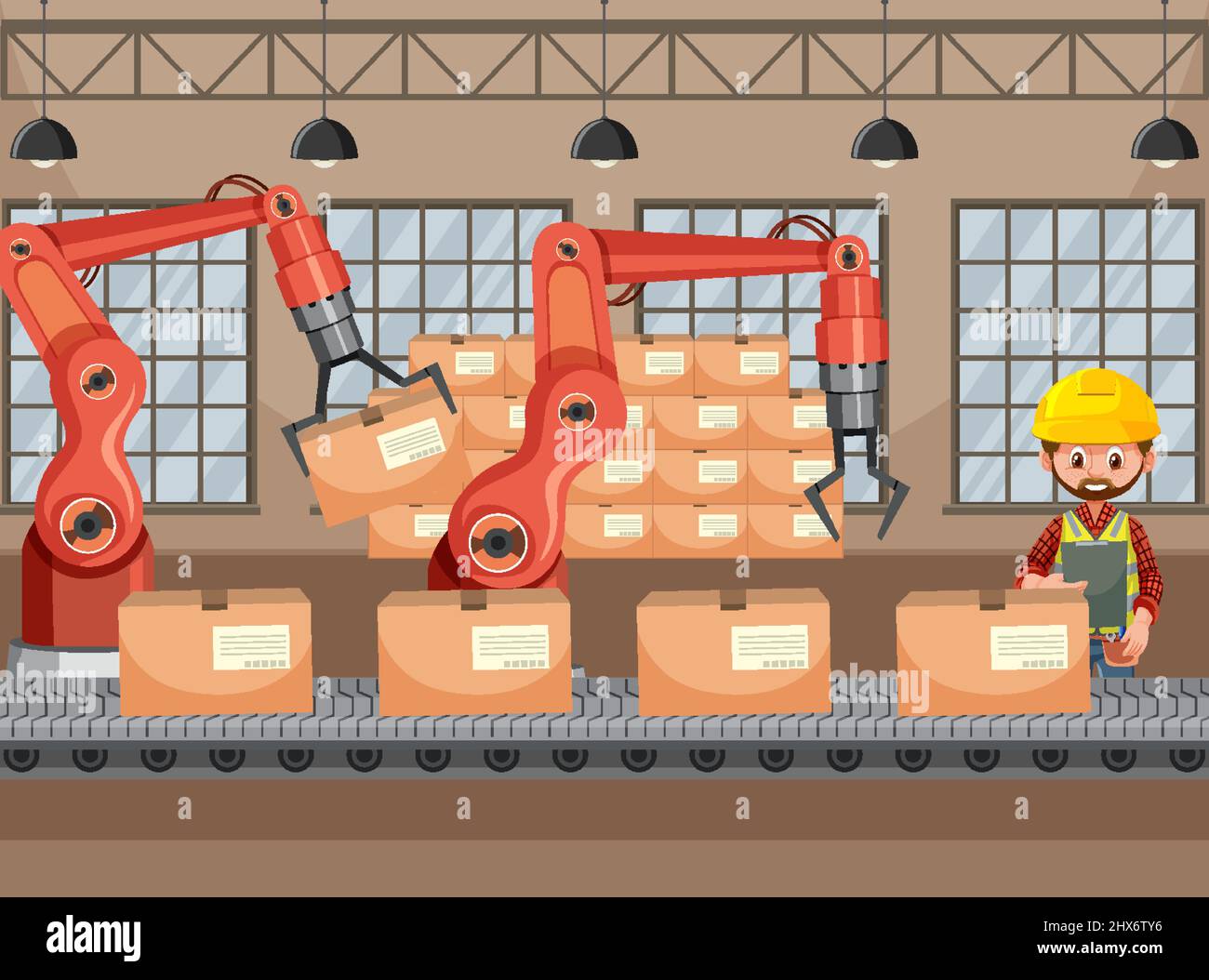 Automation industry concept with assembly line robots illustration ...