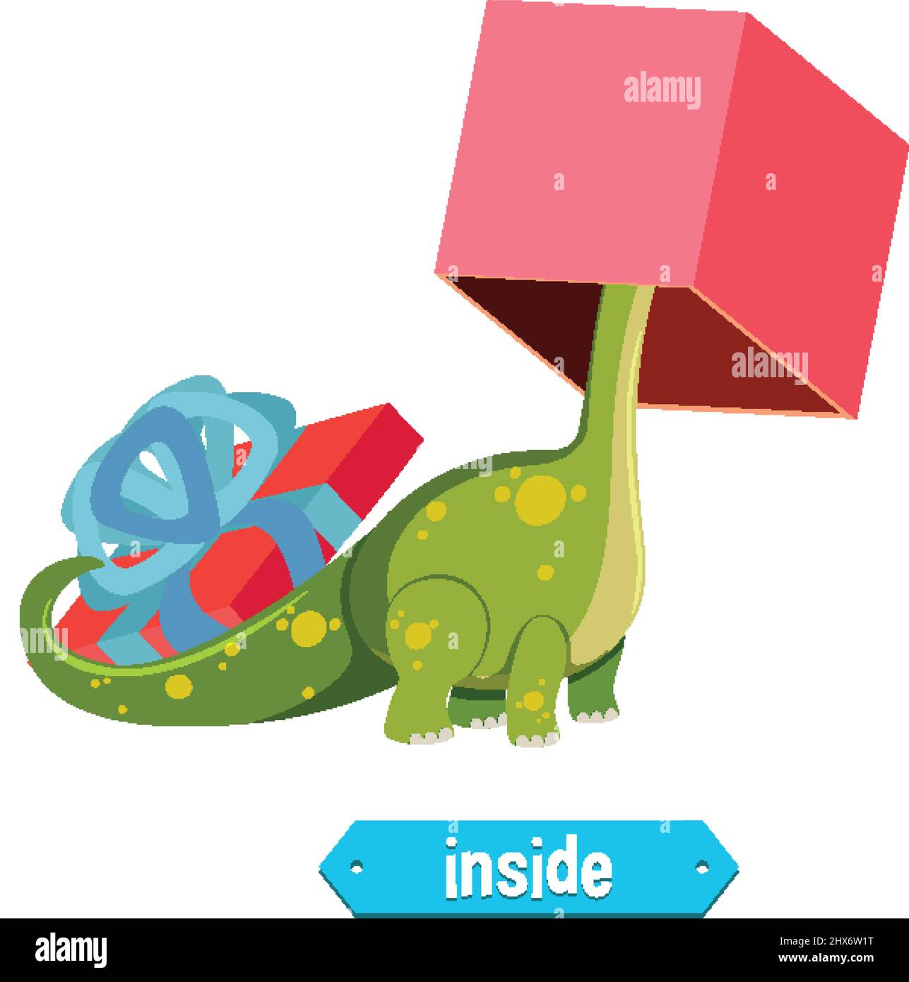 Preposition wordcard design with dinosaur inside box illustration Stock ...