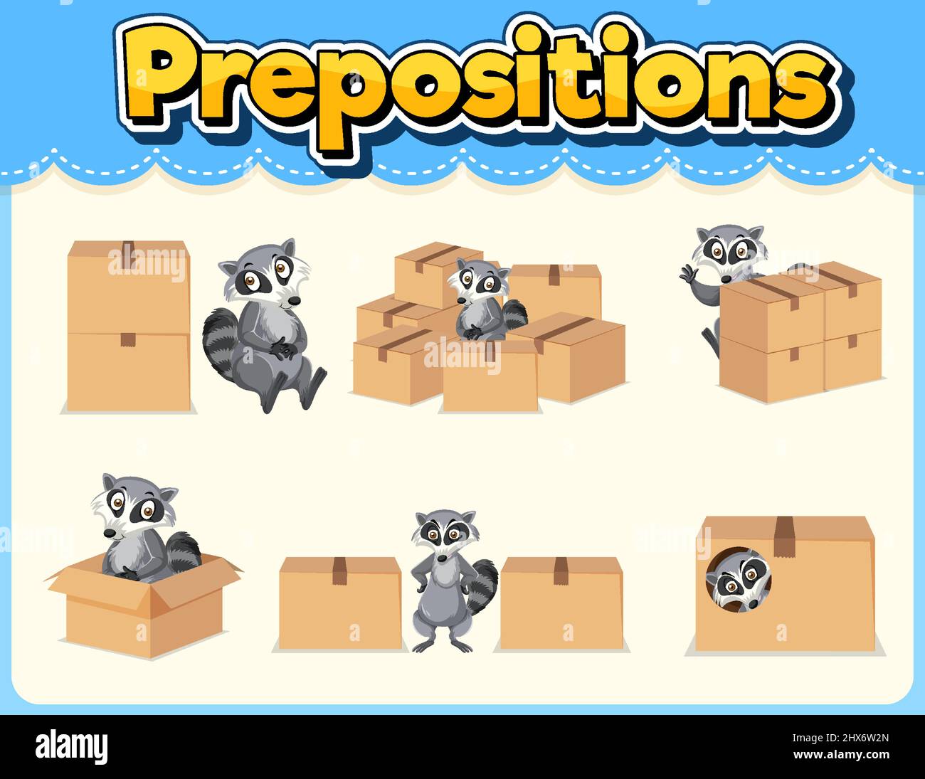 Preposition wordcard with raccoon and box illustration Stock Vector ...