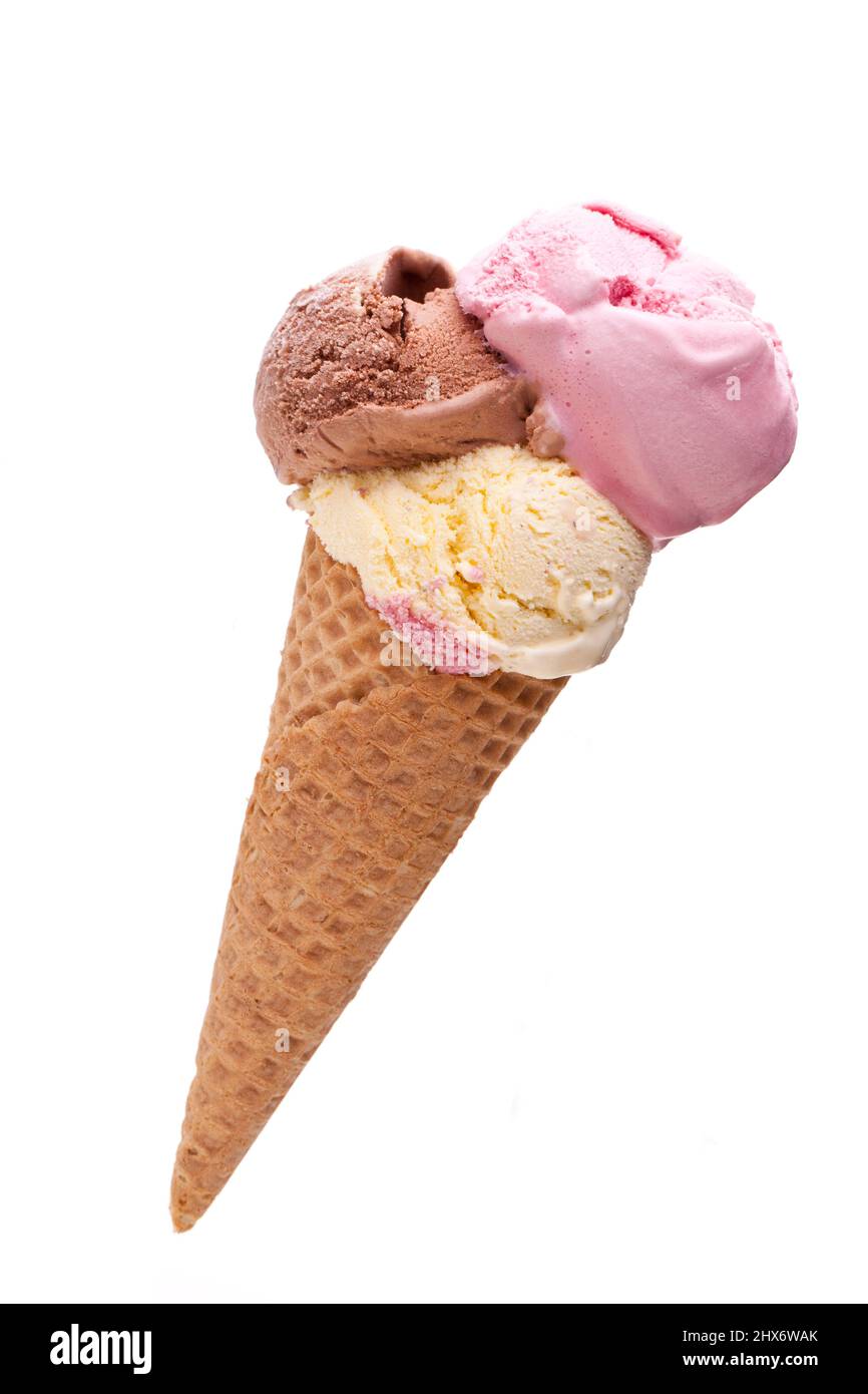A diagonal ice cream cone with three different scoops of ice cream ...