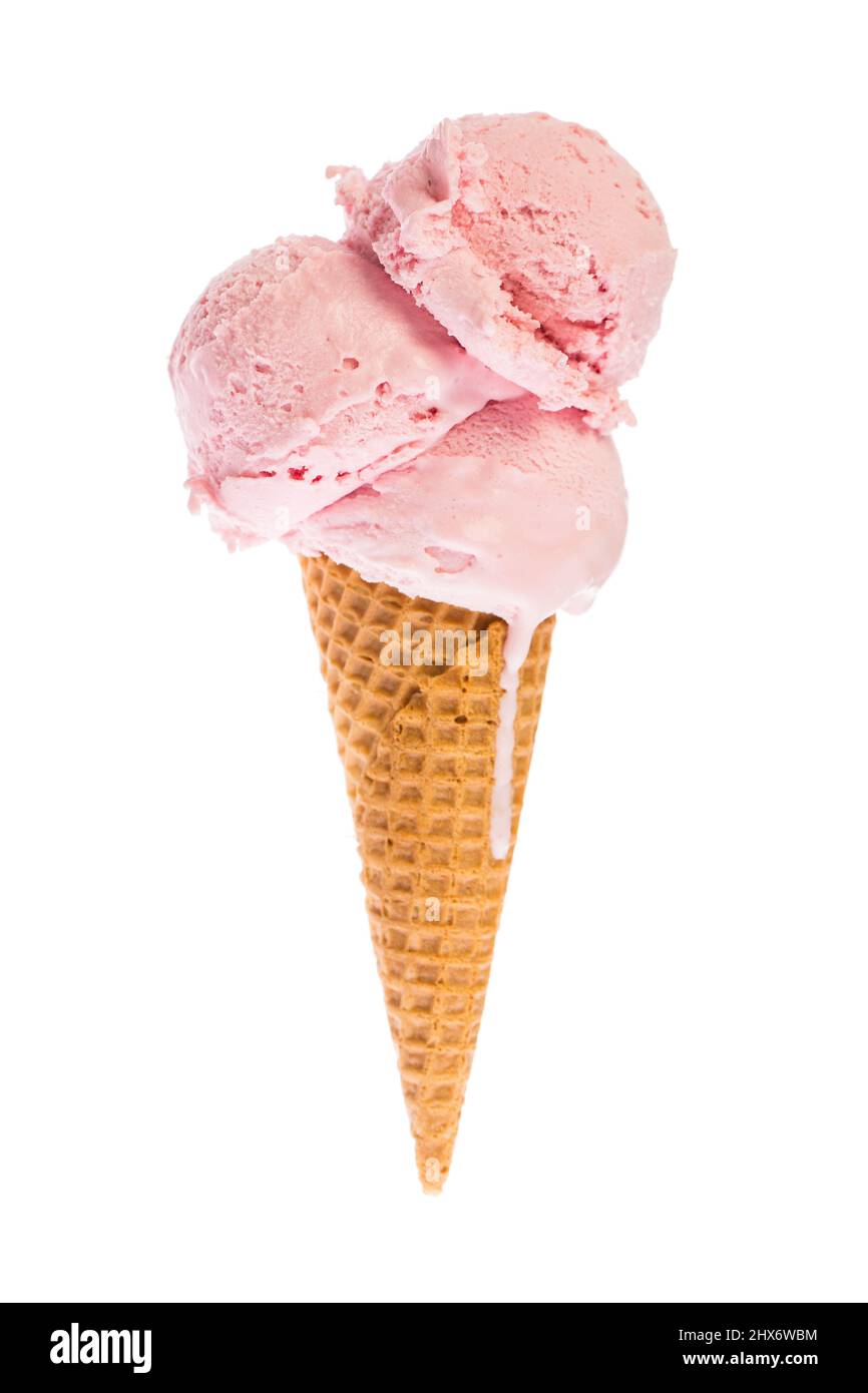 ice cream: Ice cream cone with three scoops of strawberry ice cream ...
