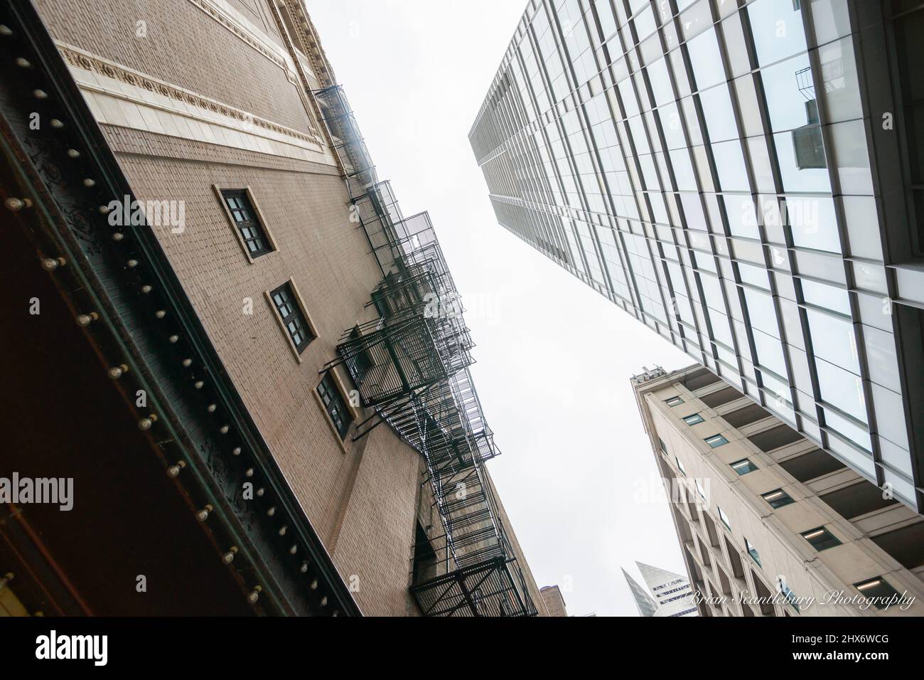 Chicago buildings, towering overhead skyward of contrasting styles, old ...