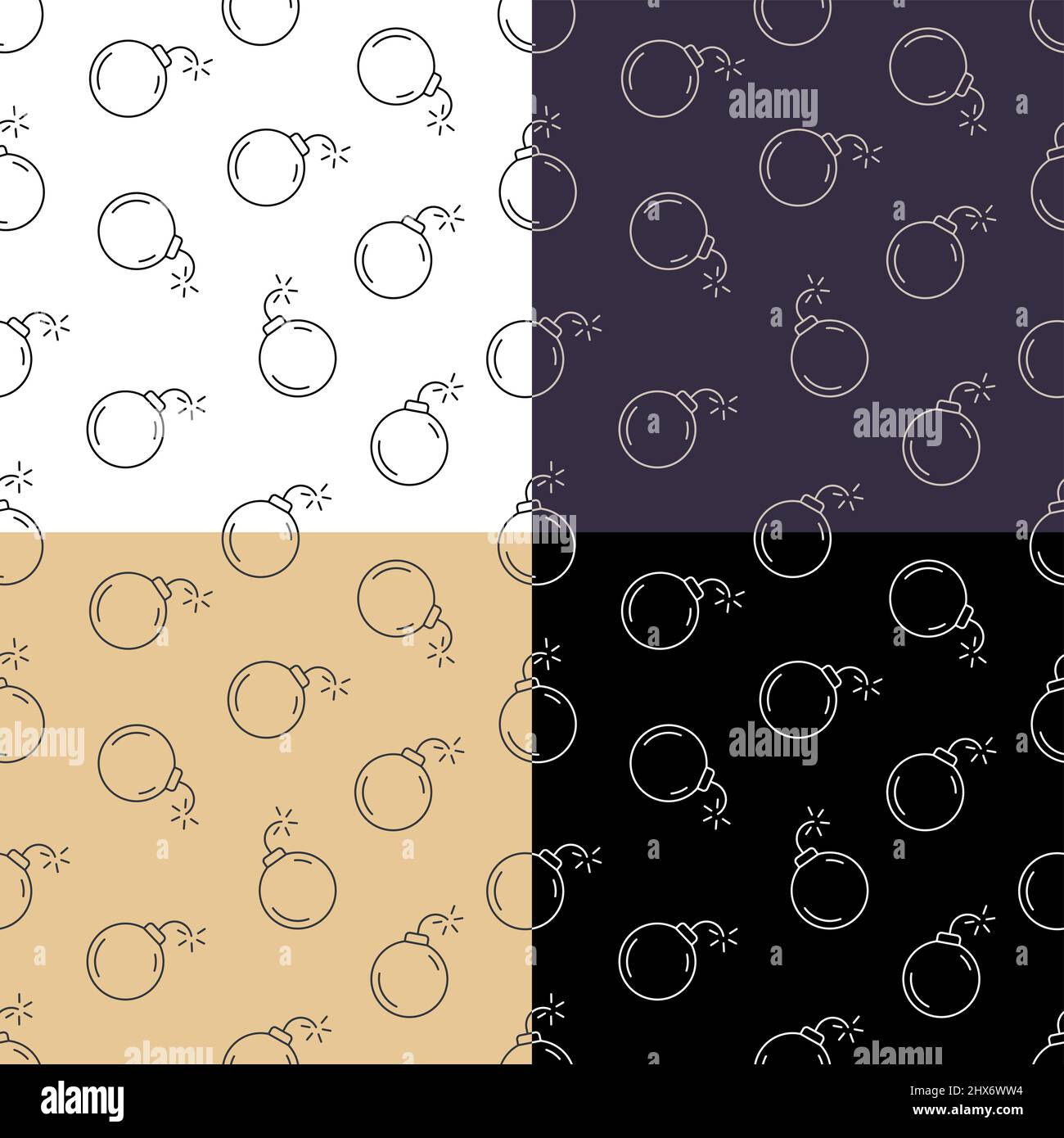 set of seamless patterns with Metallic round bomb with wick. Offensive ...