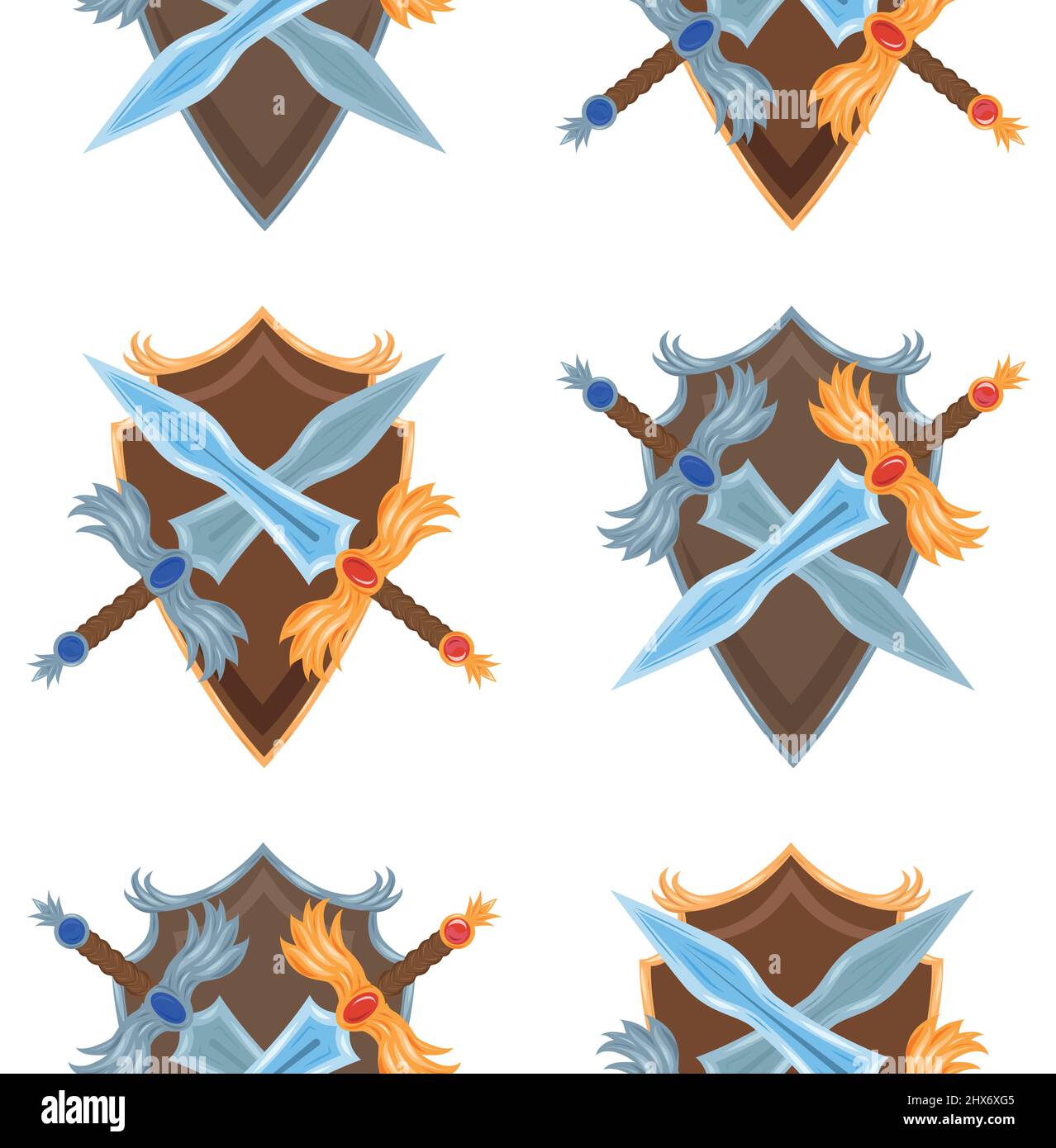 Seamless pattern with crossing cartoon swords and shields on white ...