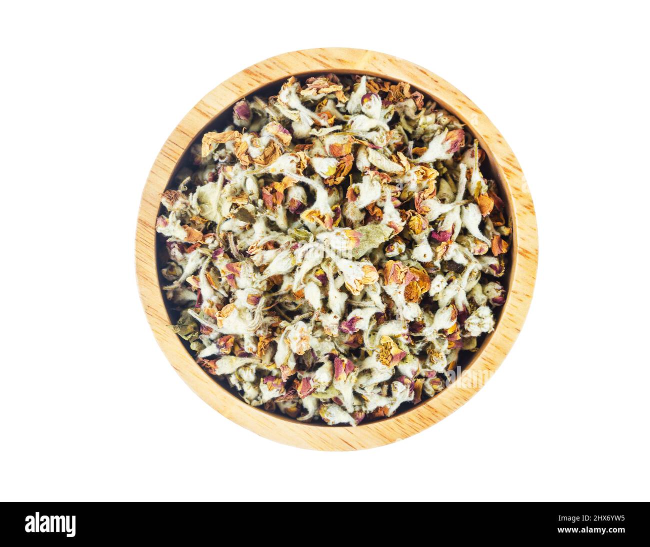 Flower tea. Dried of apple blossom in wooden bowl isolated on white ...