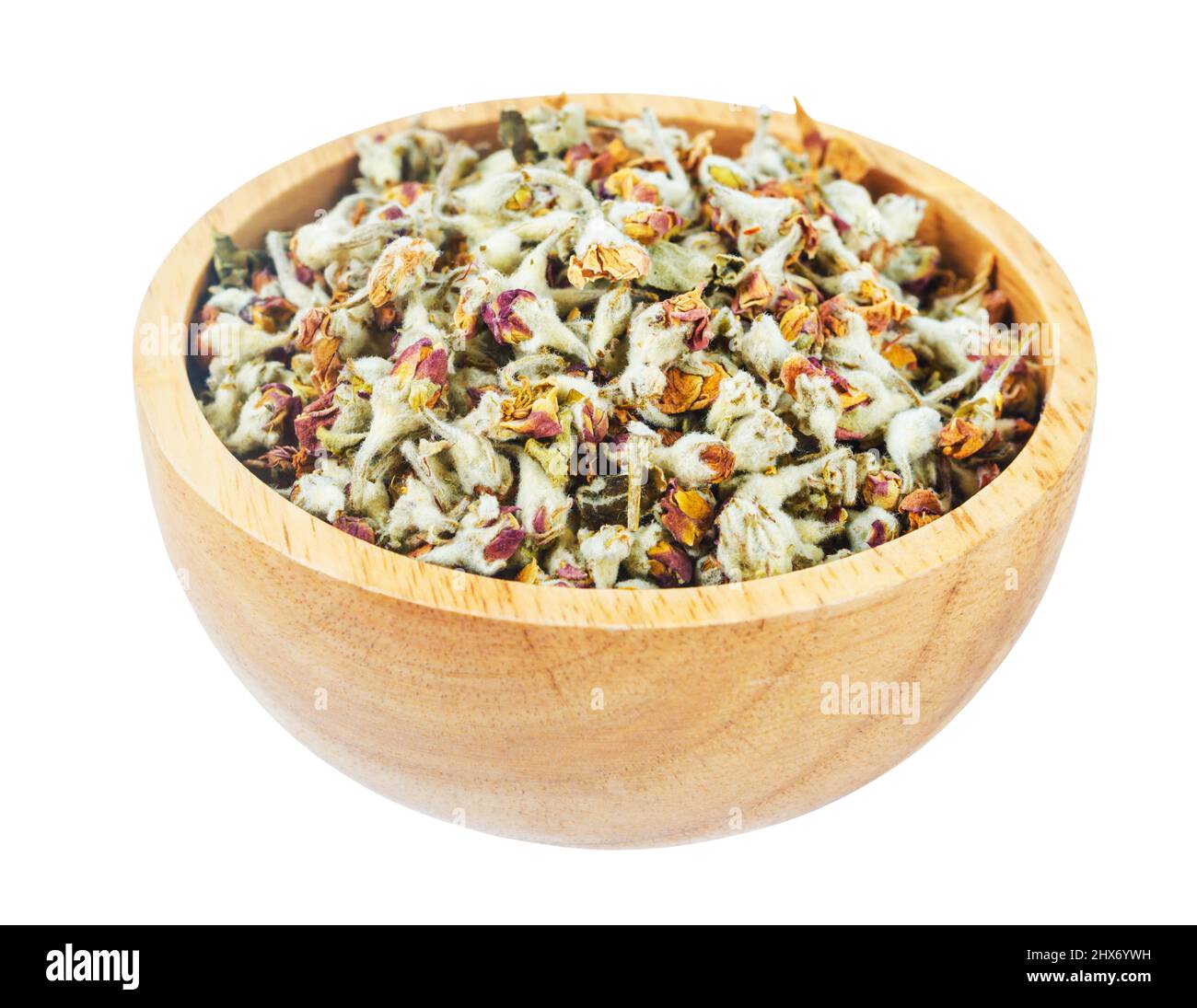 Flower tea. Dried of apple blossom in wooden bowl isolated on white ...